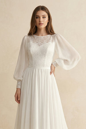 Modest Long Sleeve Casual Rustic A-Line Bateau Neck Wedding Dress Gown