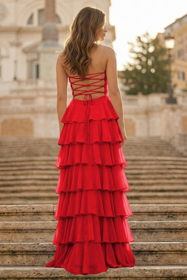 Purple Strapless A Line Chiffon Long Prom Dress With Ruffles