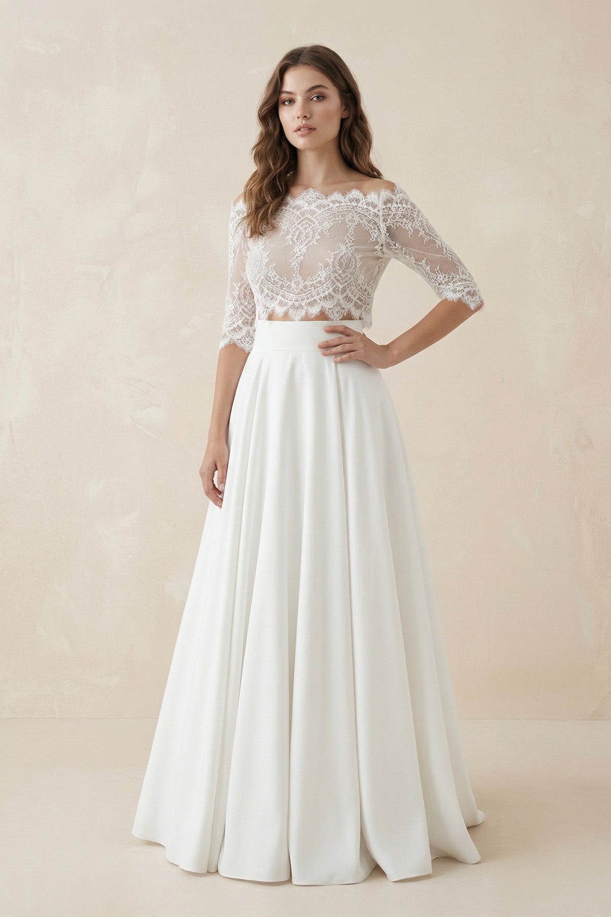 Off-The-Shoulder Lace A-Line Satin Two-Piece Wedding Dress With Sweep