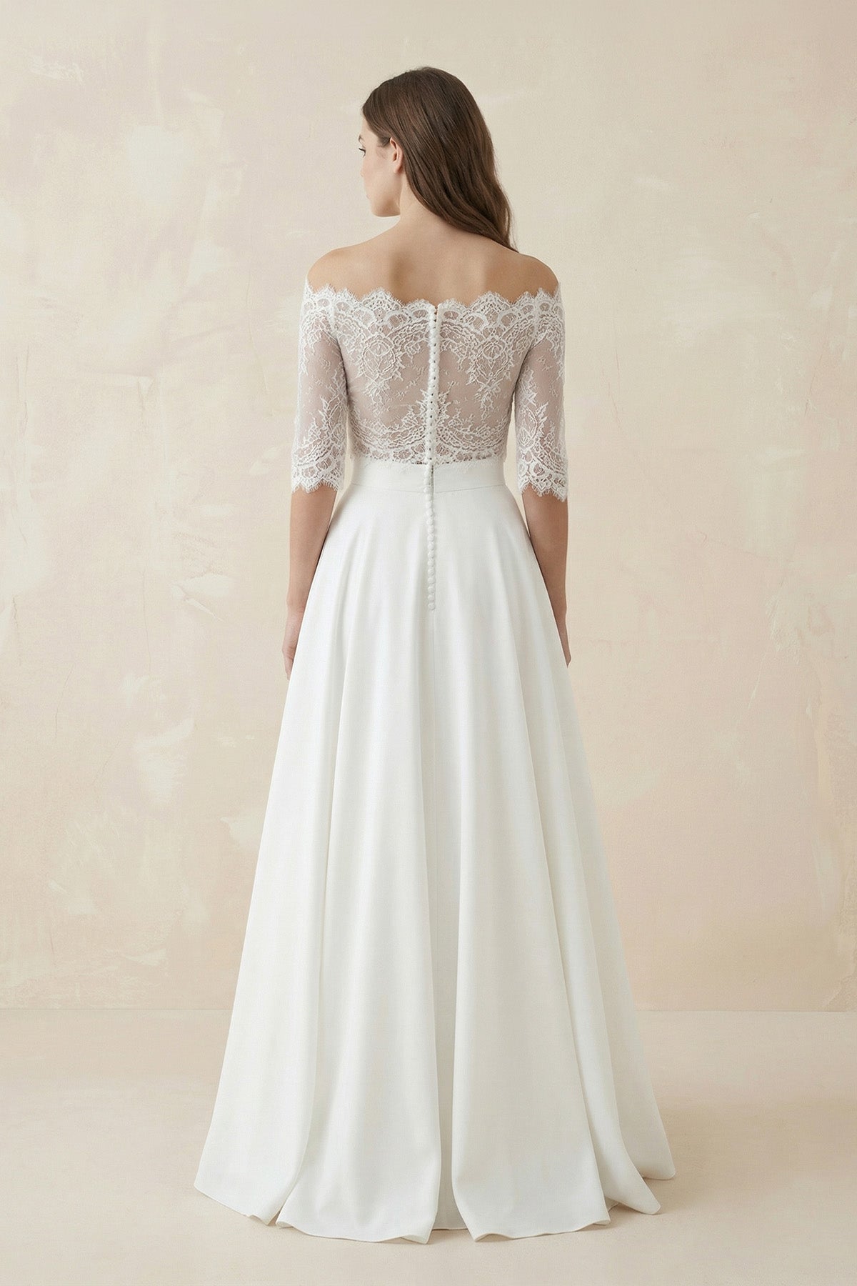 Off-The-Shoulder Lace A-Line Satin Two-Piece Wedding Dress With Sweep
