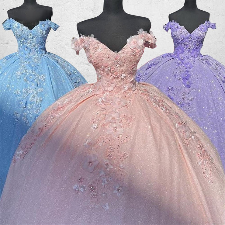 Off the Shoulder Lavender Sequin 3D Floral Quinceanera Dresses – KissProm