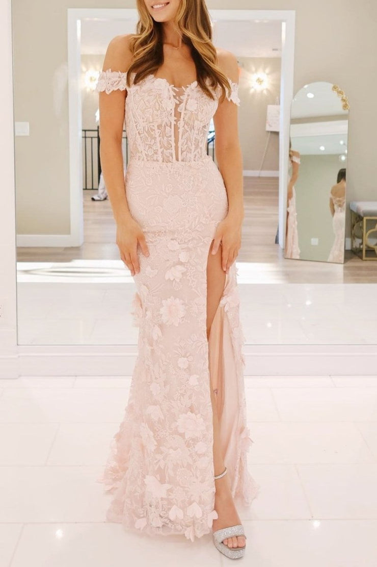 Paradis | Off The Shoulder Floral Lace Long Prom Dress With Split ...