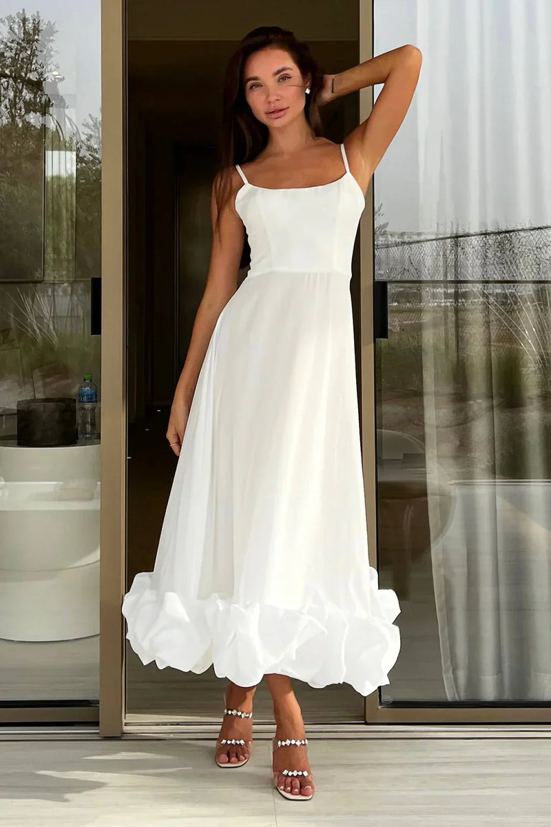 Percival | A Line Satin White Long Prom Dresses with Ruffles – KissProm