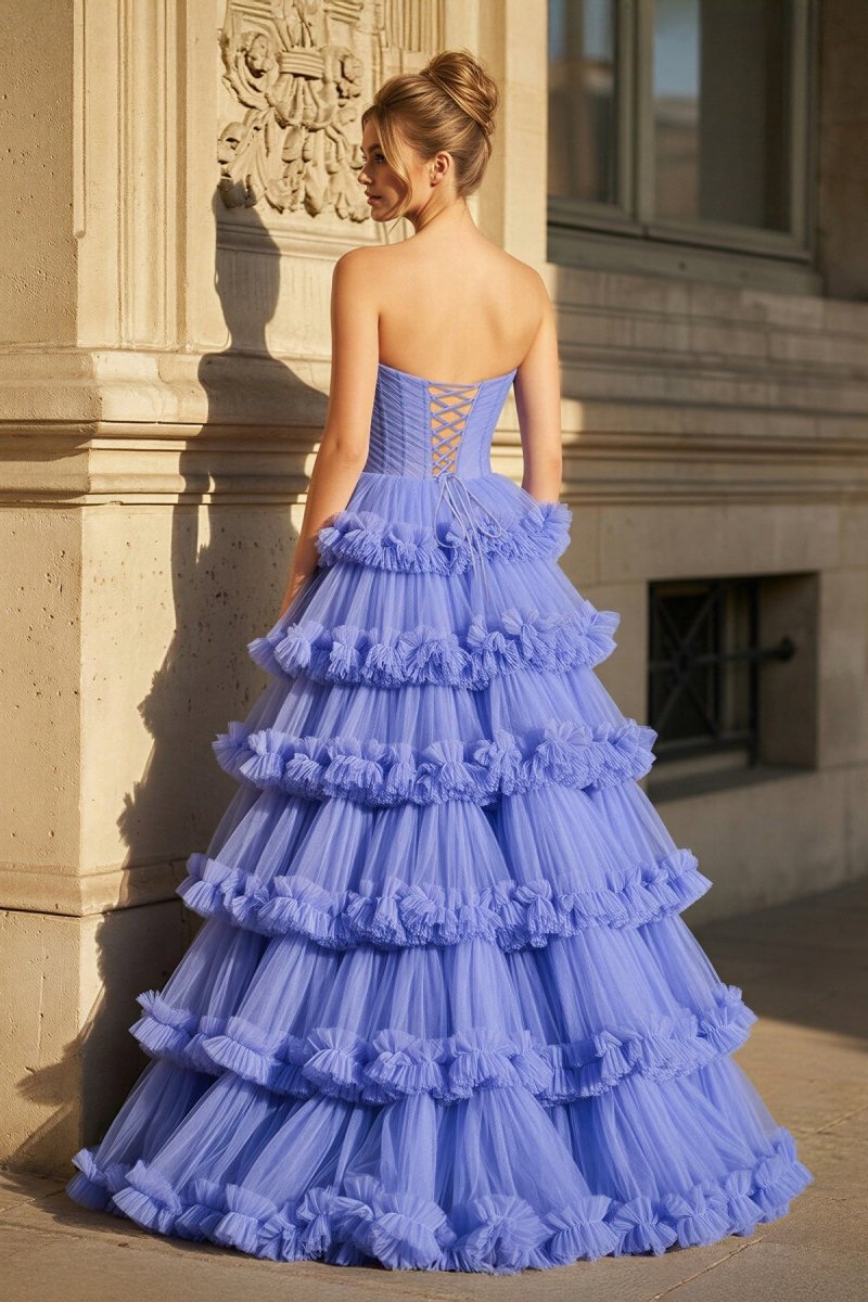 Navy Blue Strapless A Line Tulle Ruffled Long Prom Dresses With Slit