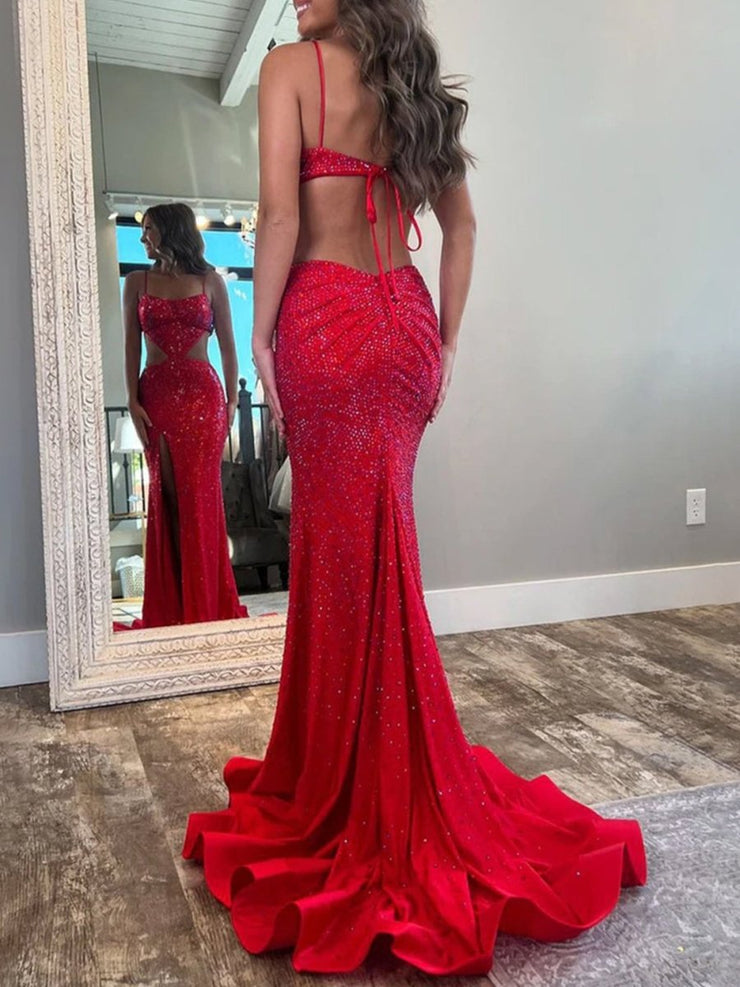 Petra | Red Spaghetti Straps Cutout Beaded Mermaid Long Dress With Spl ...