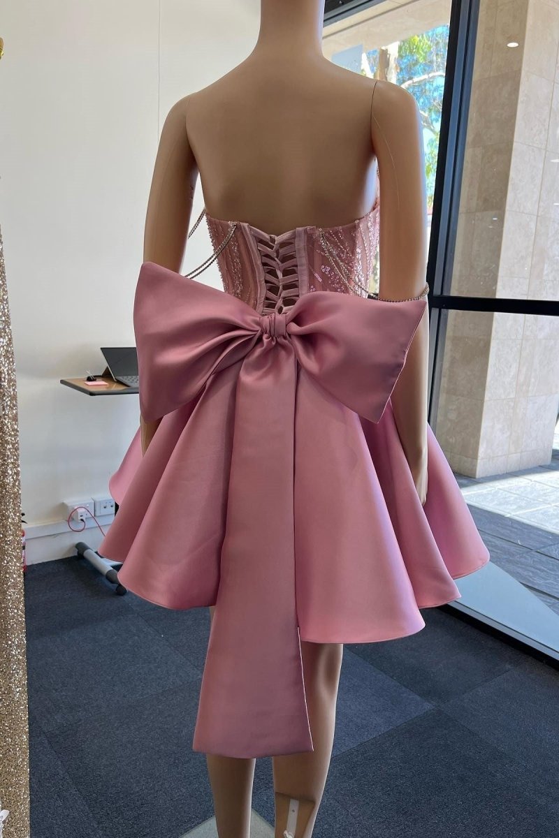 A-Line Pink Lace Off-the-Shoulder Bow-Back Short Homecoming Dress | KissProm