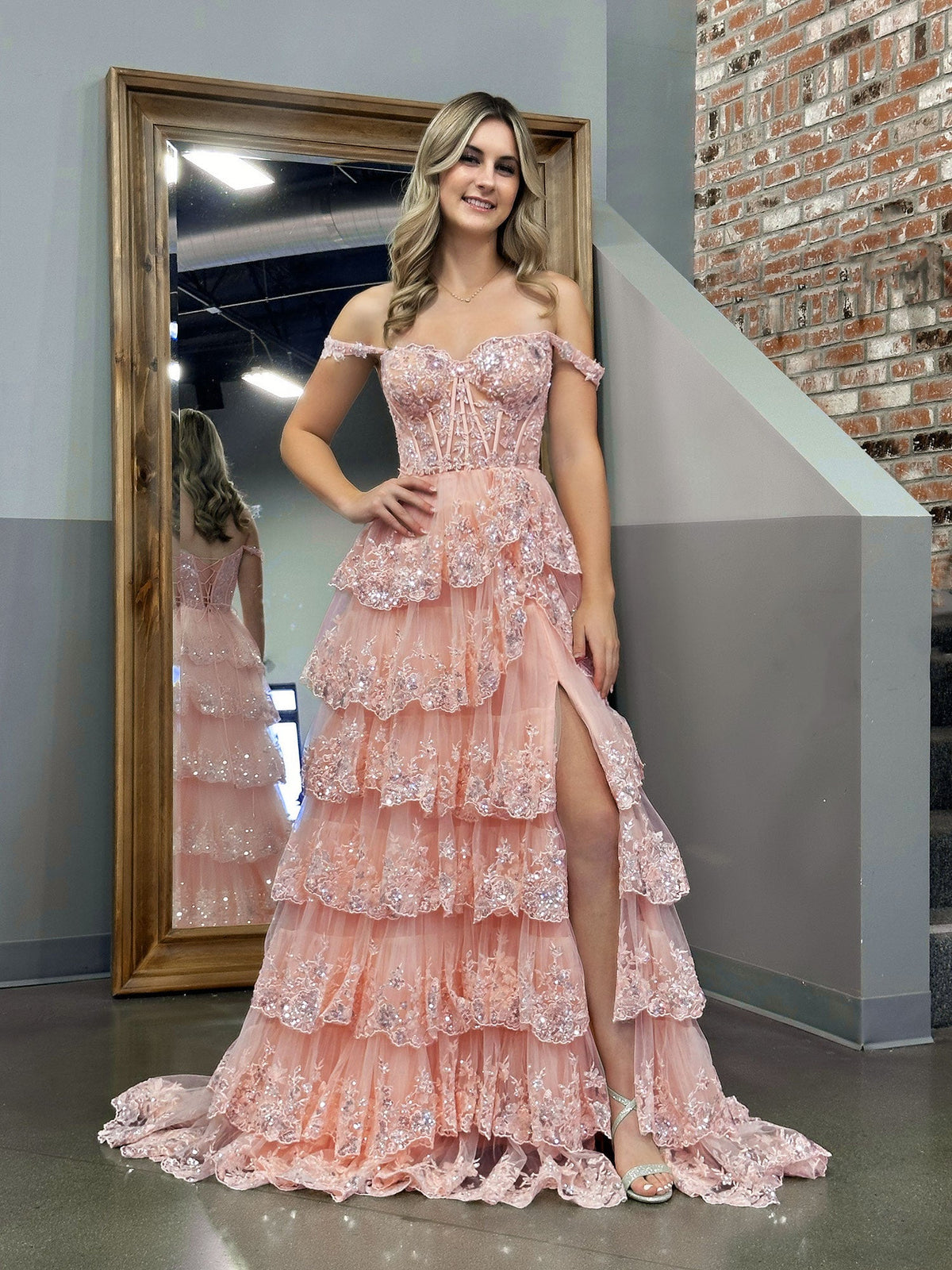 Pink Princess A Line Off the Shoulder Corset Prom Dress with Lace Ruff ...
