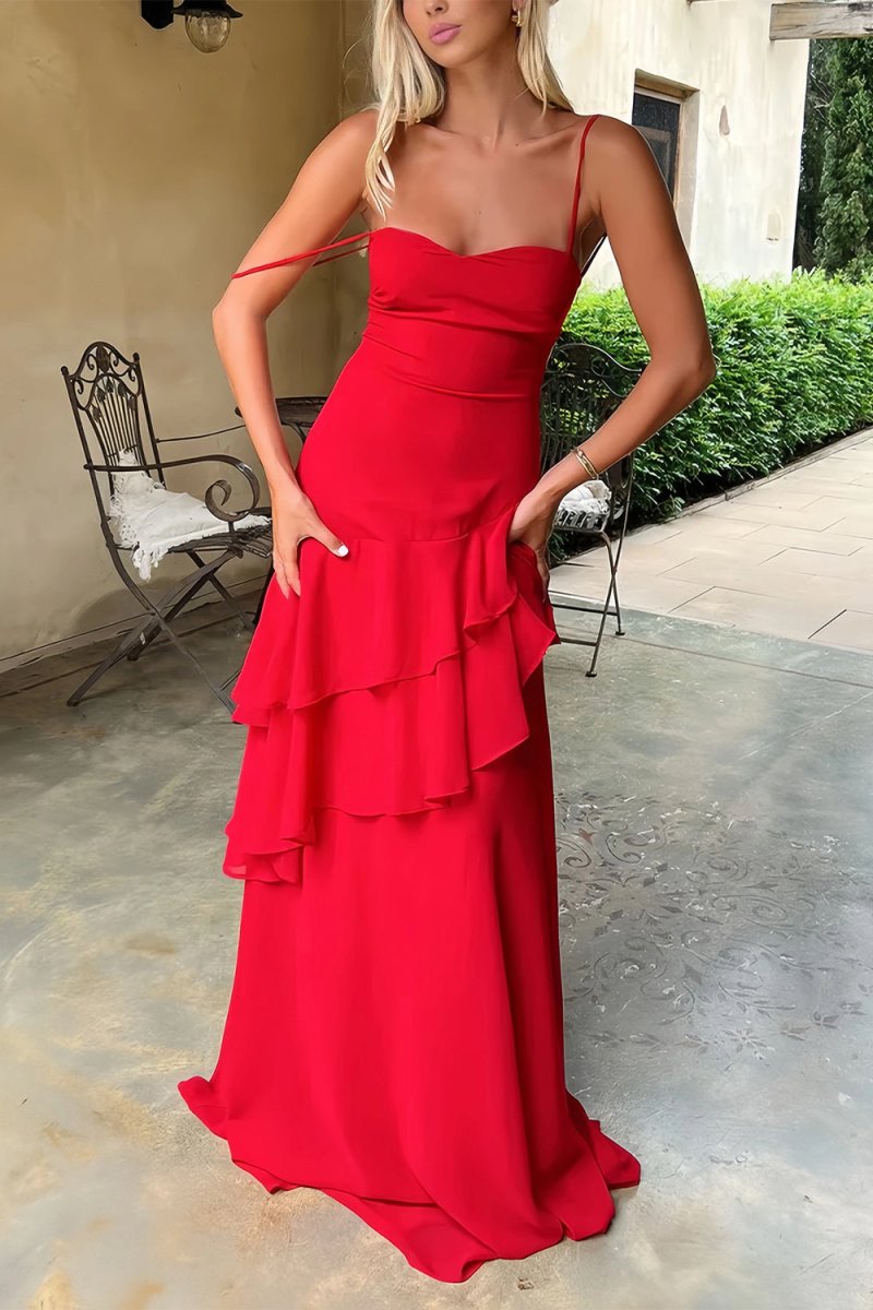 Red - Sheath Spaghetti Straps Chiffon Long Prom Dresses with Ruffles