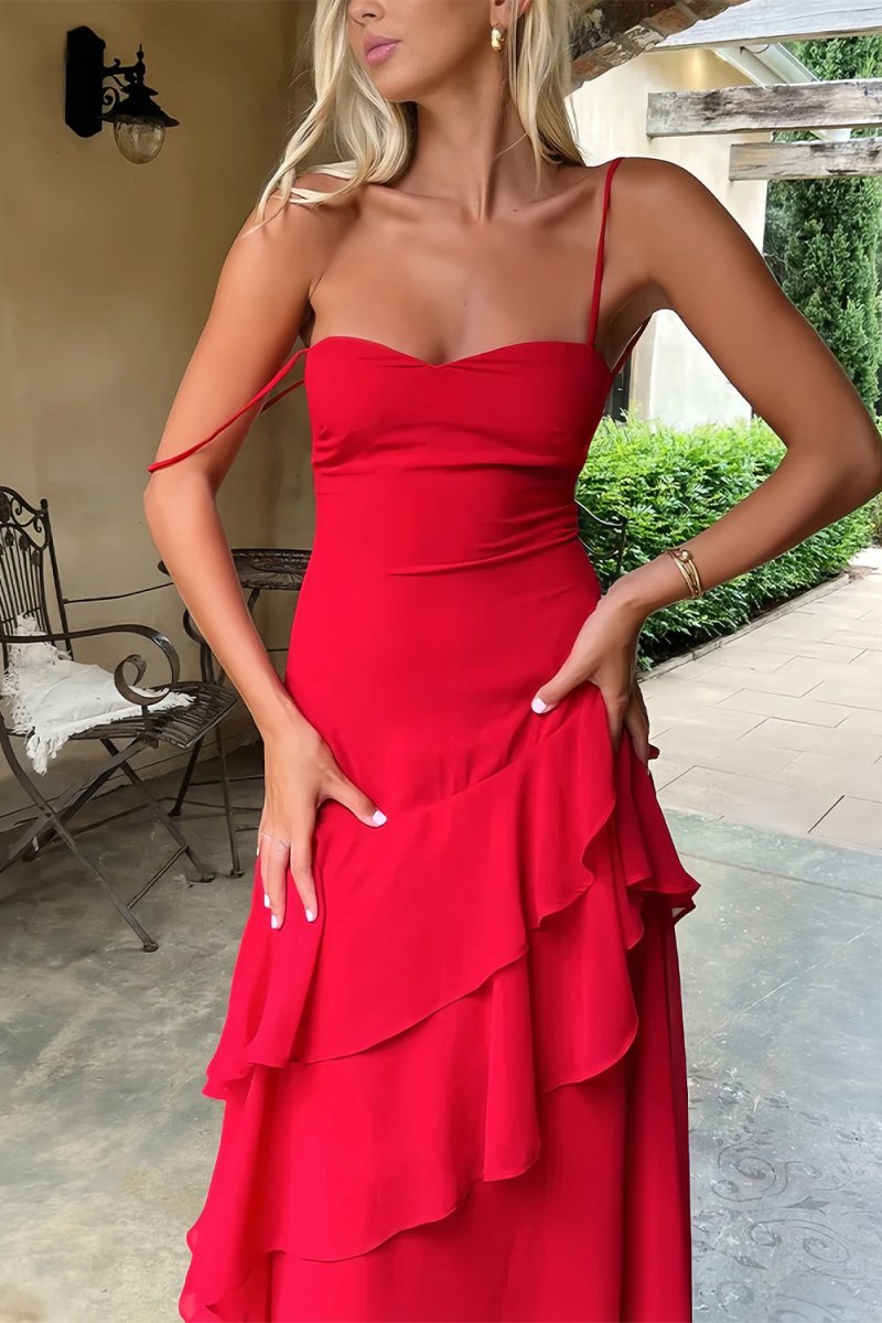Red - Sheath Spaghetti Straps Chiffon Long Prom Dresses with Ruffles
