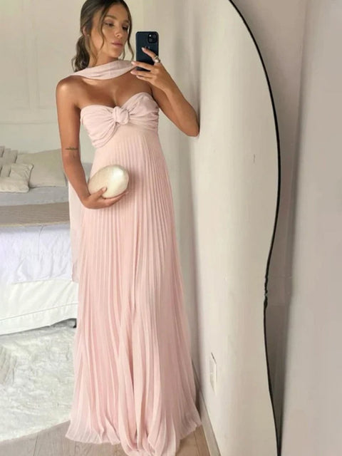 Rodri | A Line Light Pink Strapless Chiffon Long Prom Dress – KissProm