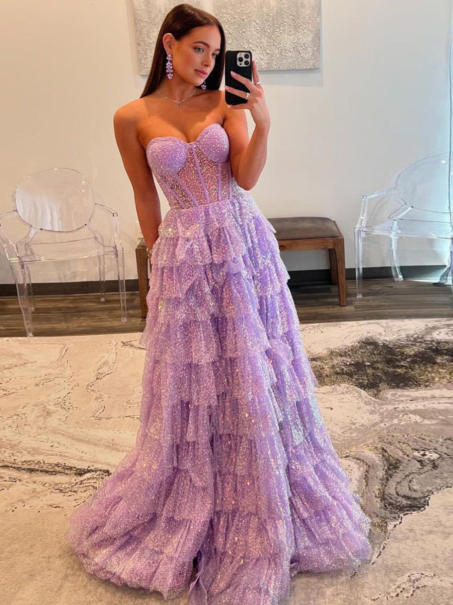 Rosina | Lavender A-Line Sweetheart Sequins Long Prom Dresses With Spl ...