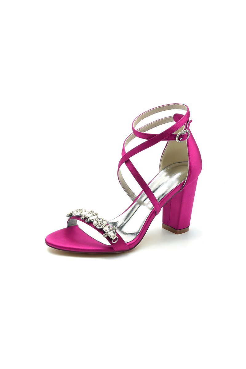 Fuchsia High Heels with Crossed Straps and Metal Accents – KissProm