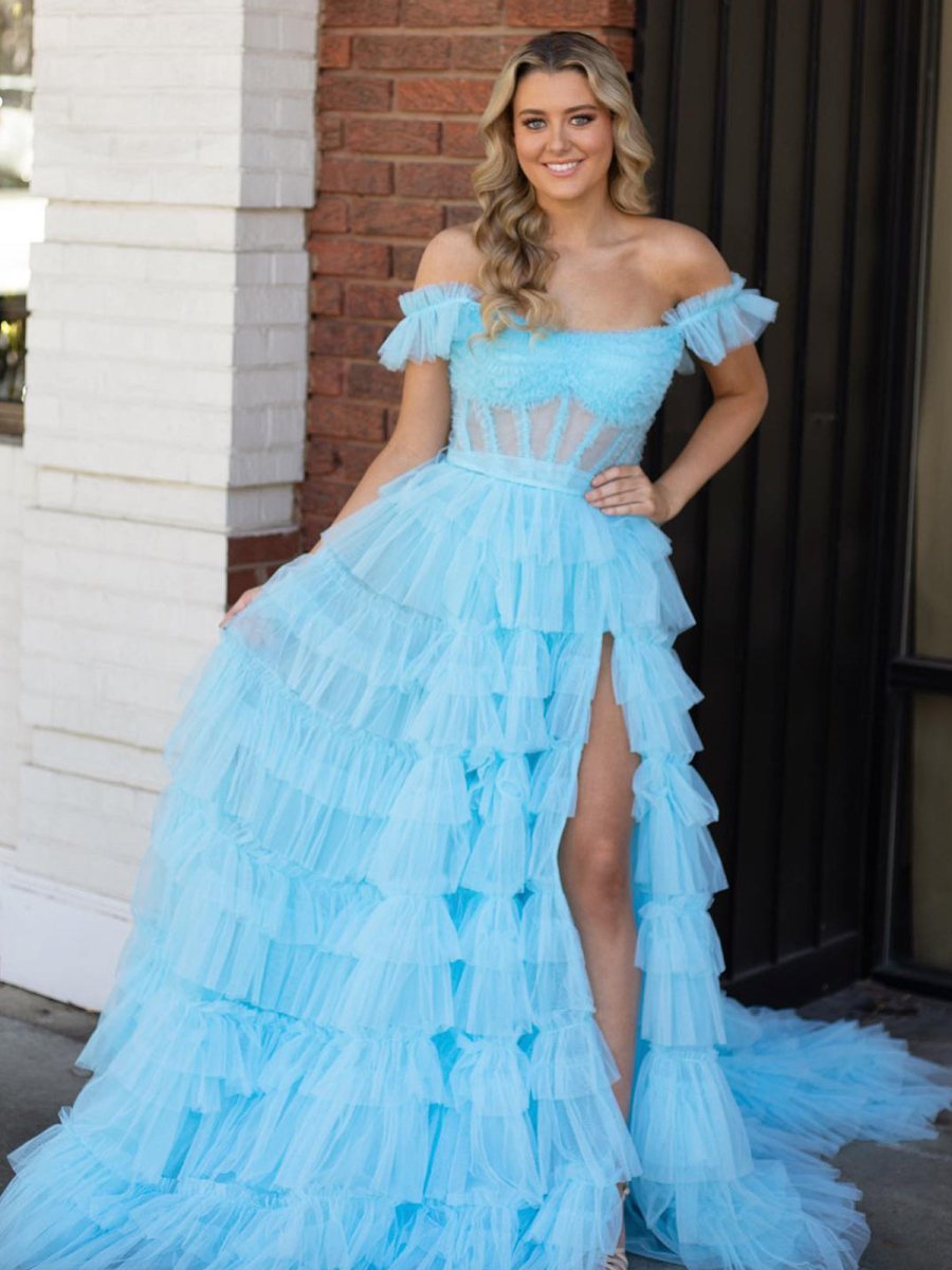 Adalynn | Royal Blue Off the Shoulder Ruffle Tiered Tulle Long Prom Dr ...