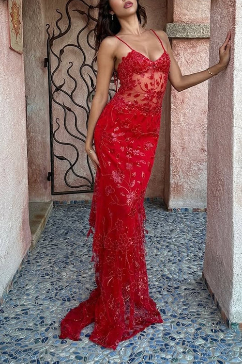Red - Spaghetti Straps Mermaid Sequined Lace Long Formal Prom Dresses