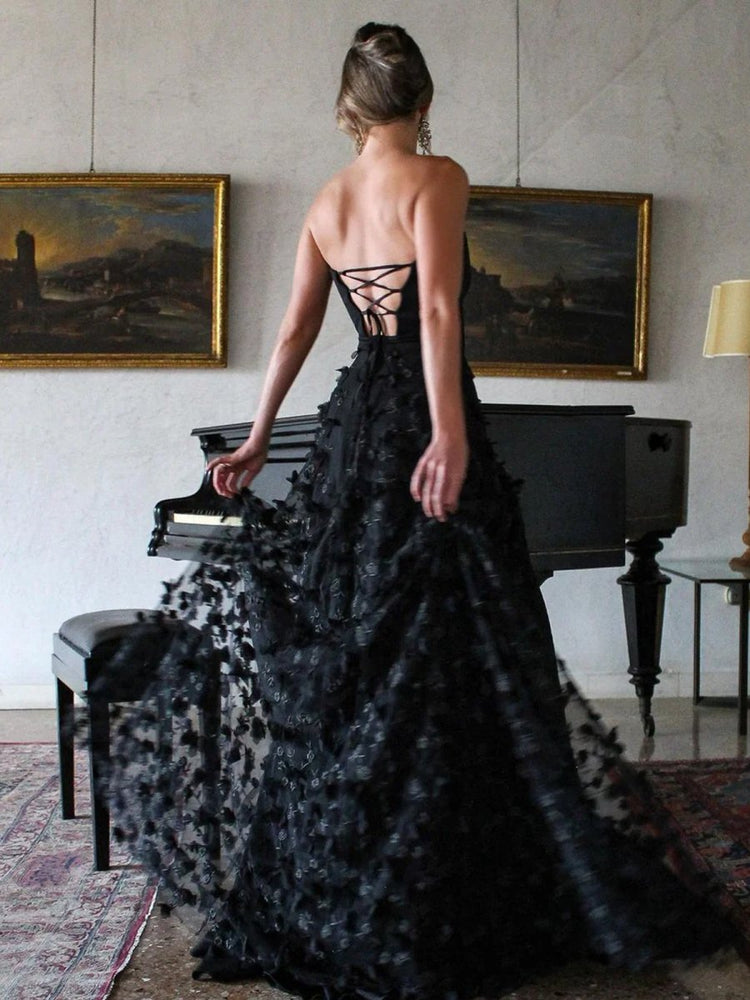 A-Line Strapless 3D Flowers Black Long Prom Dresses with Slit