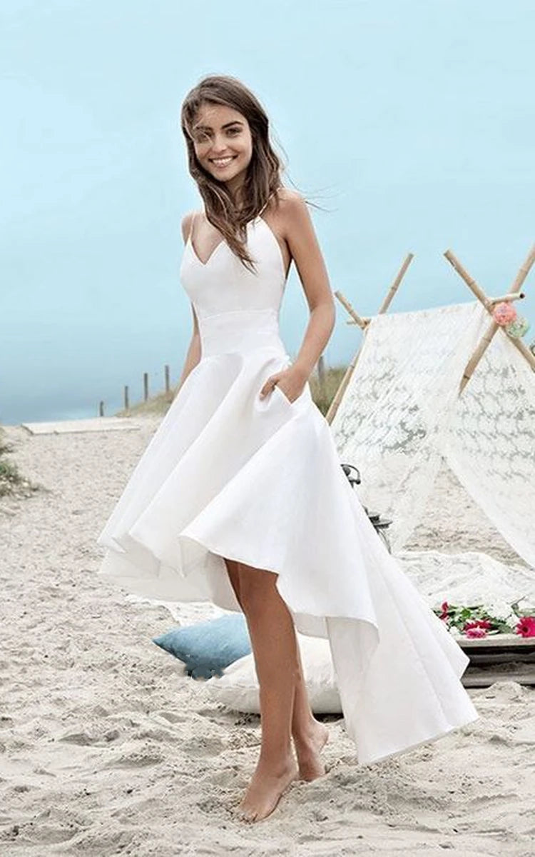 Simple High-low Spaghetti Straps Beach Wedding Dress With Ruching ...