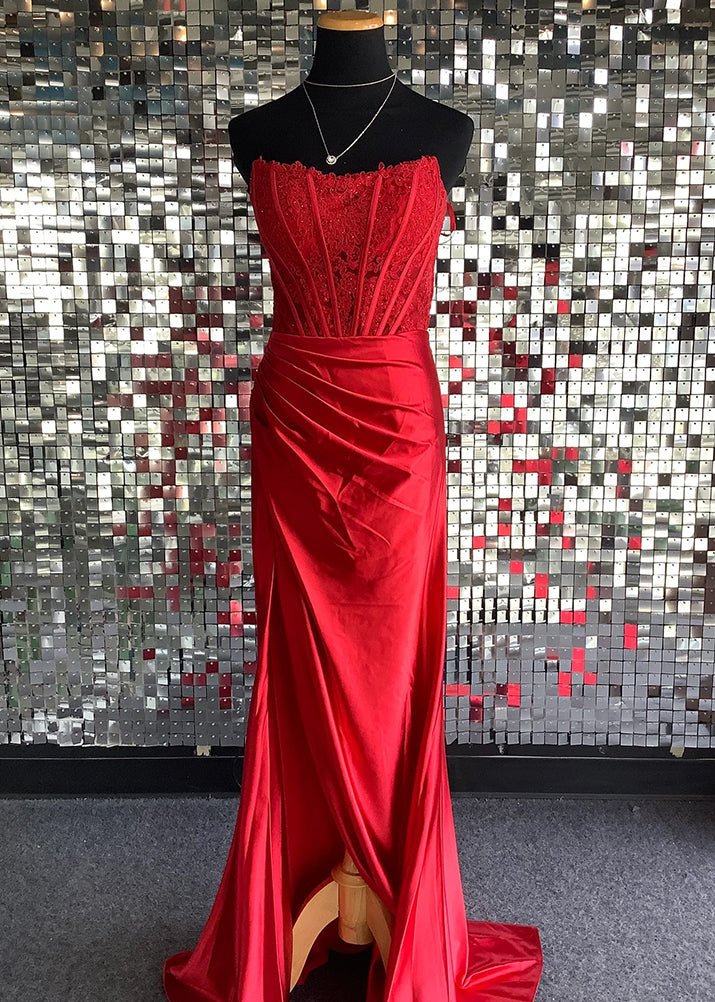 Arielle Red Sheath Strapless Corset Satin Prom Dress with Slit and ...