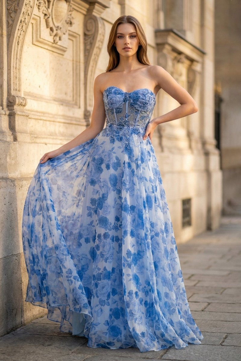 Strapless Printing Sweetheart Beads A-Line Prom Dress