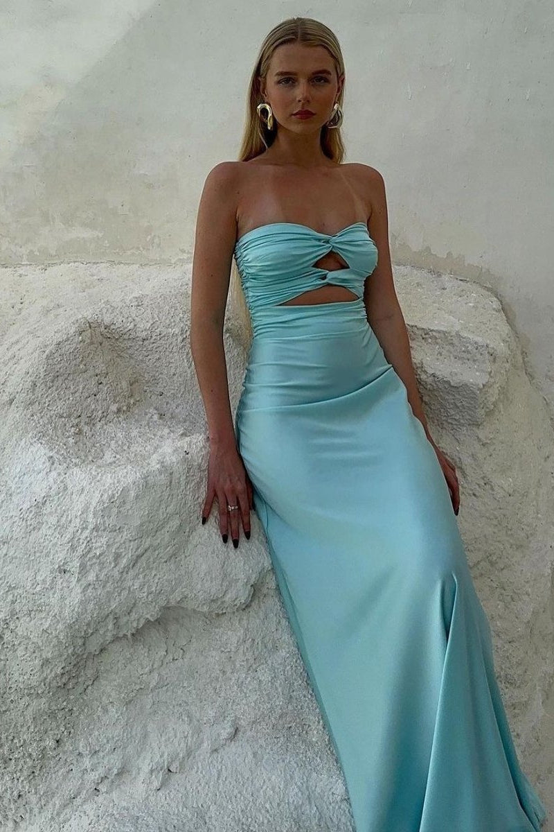 Tinble|Strapless Aqua Blue Sheath Long Prom Dresses