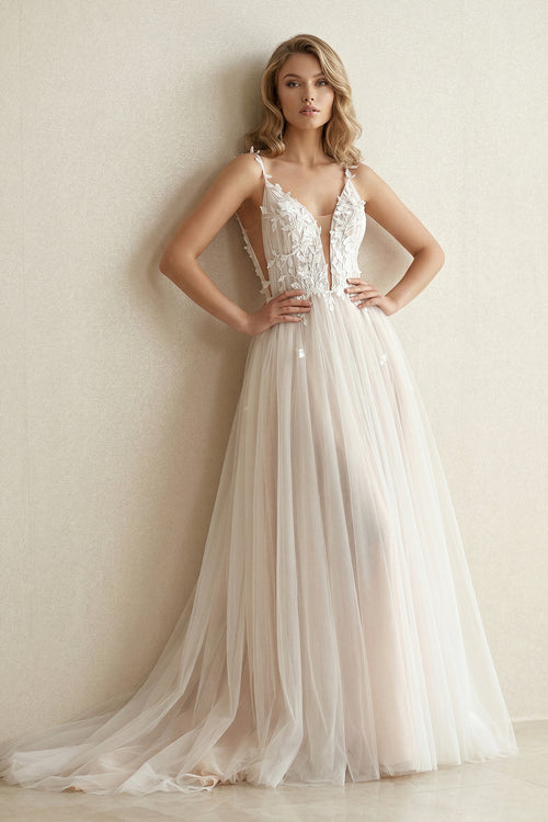 A-Line V-neck Tulle Wedding Dress Sexy Beach Gown With Court Train And