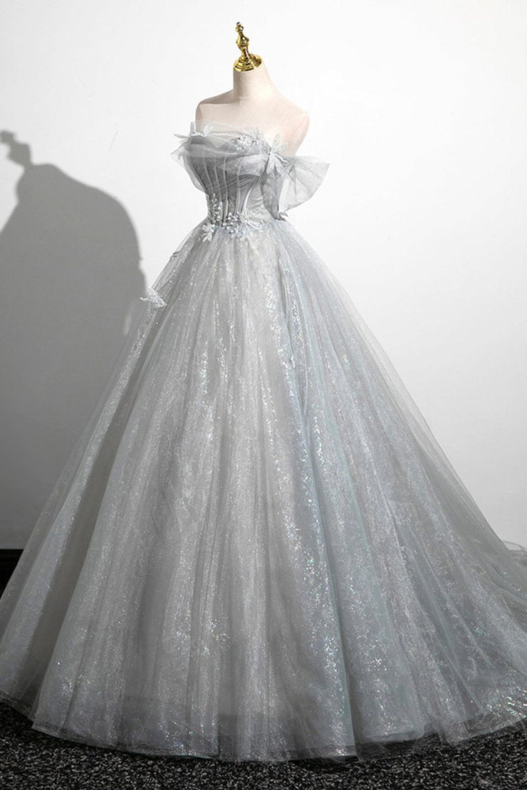 Tiana | Gray A-Line Off the Shoulder Tulle Prom Dress, Lovely Corset F ...