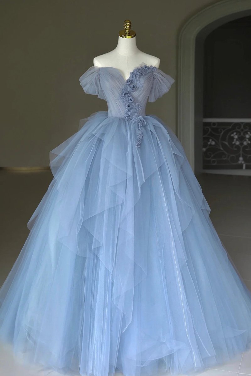 Blue Tulle Floor Length Prom Dress, Off the Shoulder Evening Dress wit
