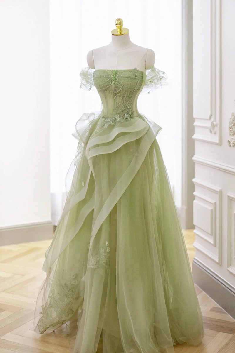 Nellie | Elegant Green Tulle Lace Long Prom Dress – KissProm