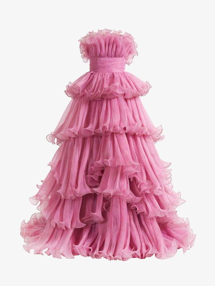 Vanessa Pink Strapless A-Line Tiered Crinkled Tulle Prom Dress