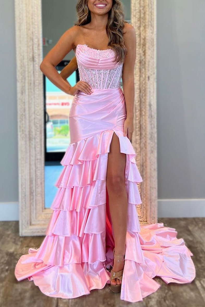 Yvonne | Charming Mermaid Strapless Pink Satin Long Prom Dresses with ...