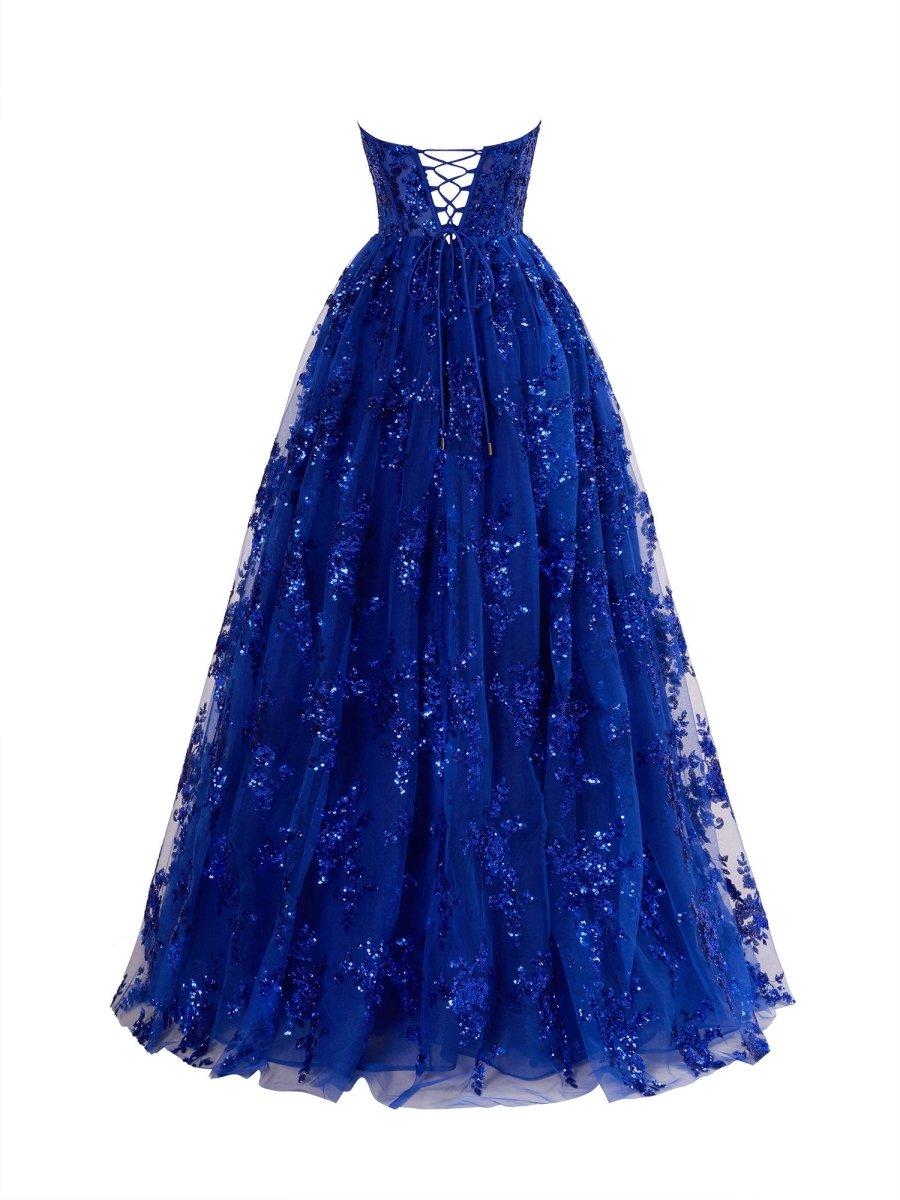 Zara A line Royal Blue Sequined Lace Long Prom Dress with Pockets ...