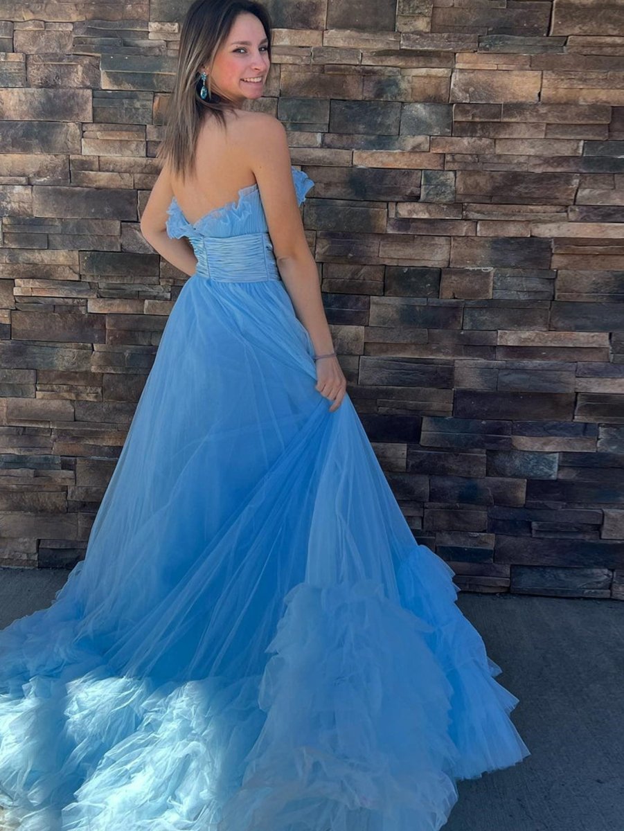 Alani Fuchsia A-Line Strapless Pink Tiered Long Tulle Prom Dress | KissProm