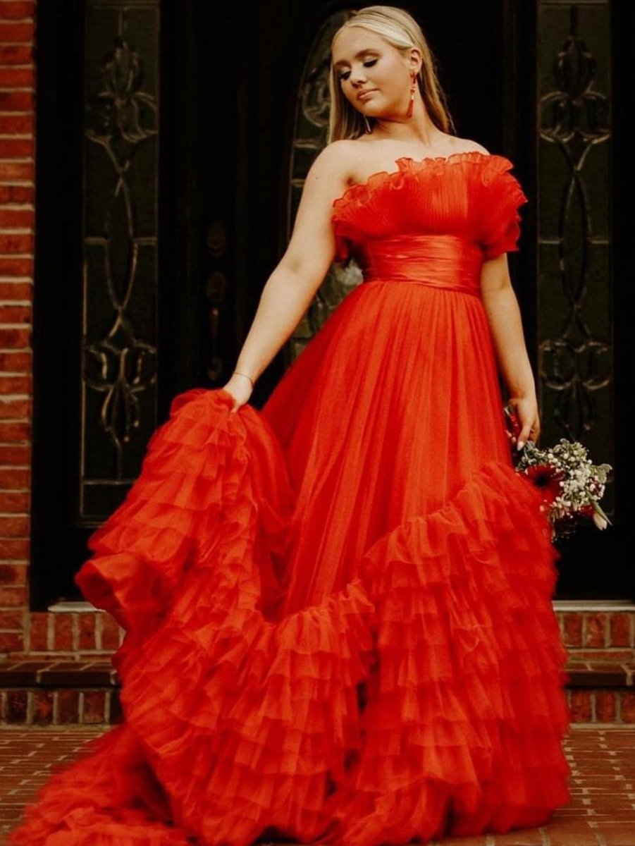 Alani Fuchsia A-Line Strapless Pink Tiered Long Tulle Prom Dress