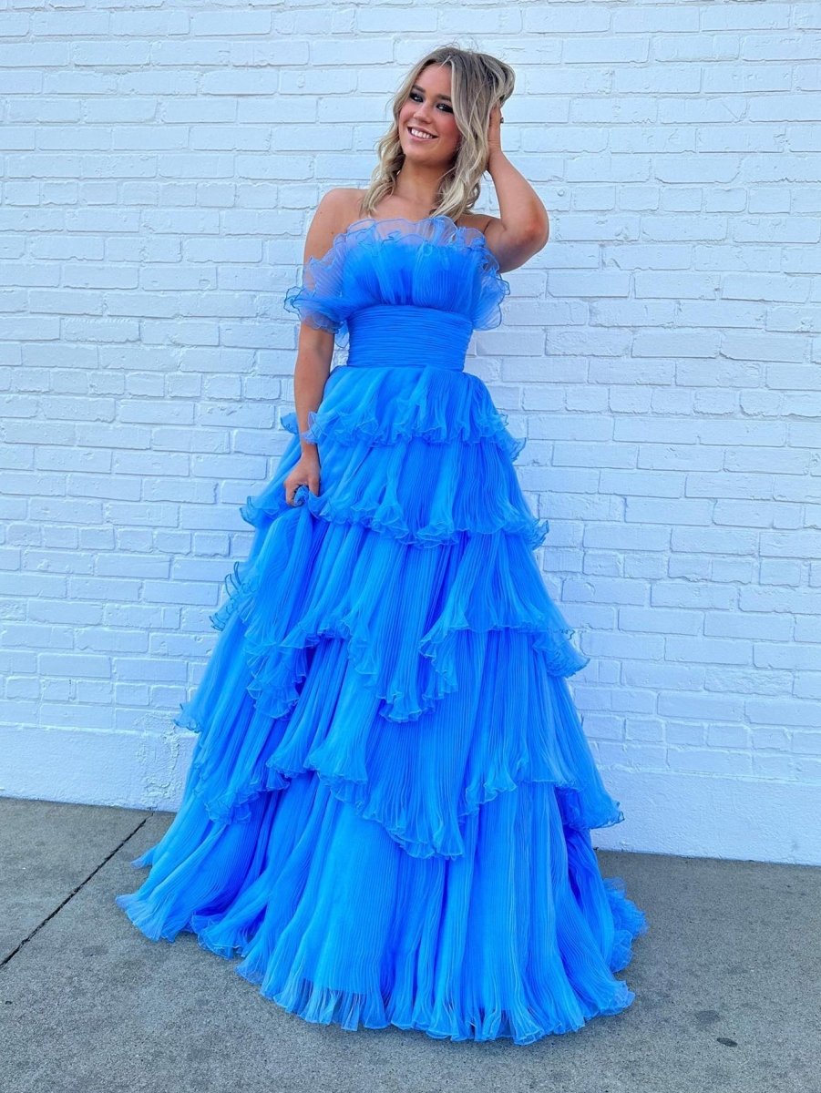 Vanessa Blue Strapless A-Line Tiered Crinkled Tulle Prom Dress | KissProm