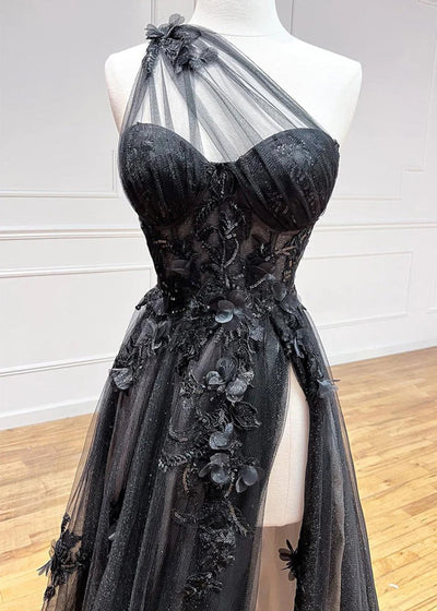 A Line One Shoulder Black Long Prom Dress with Appliques | KissProm