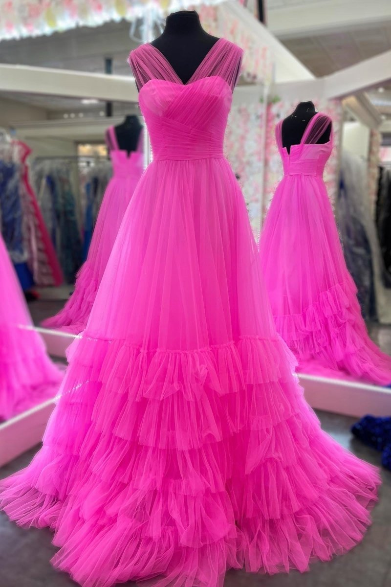 Mariam Hot Pink A-line Illusion V Neck Layers Tulle Prom Dress – KissProm