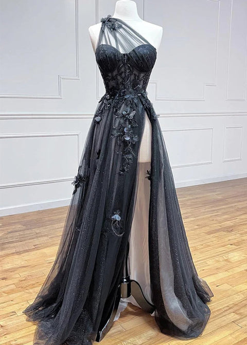 A Line One Shoulder Black Long Prom Dress with Appliques – KissProm