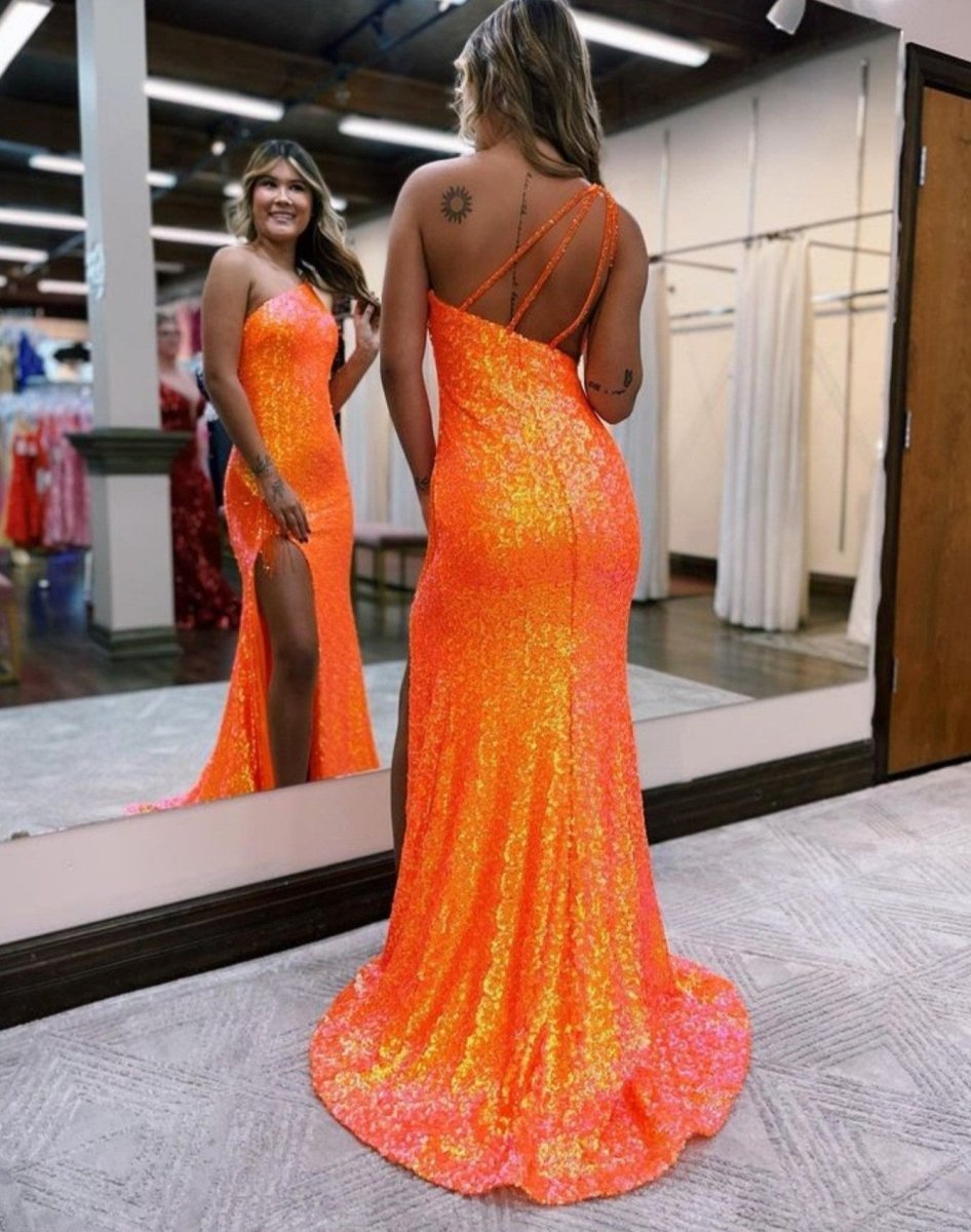 Adelina Orange Mermaid One-Shoulder Sequins Prom Dress With Tassels