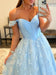 Anaya Sky Blue A Line Off the Shoulder Satin Lace Prom Dress
