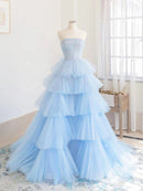 Makenzie Sky Blue A line Strapless Tulle Prom Dress with Tiered Ruffles ...
