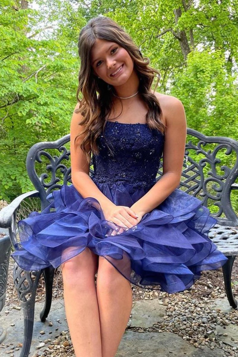 Xandra A-line Navy Blue Strapless Lace Appliques Organza Short ...