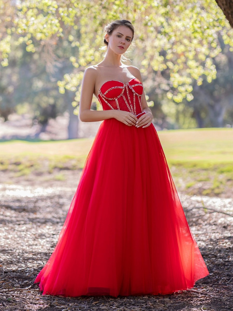 A-Line Strapless Red Prom Dress with Beadings – KissProm