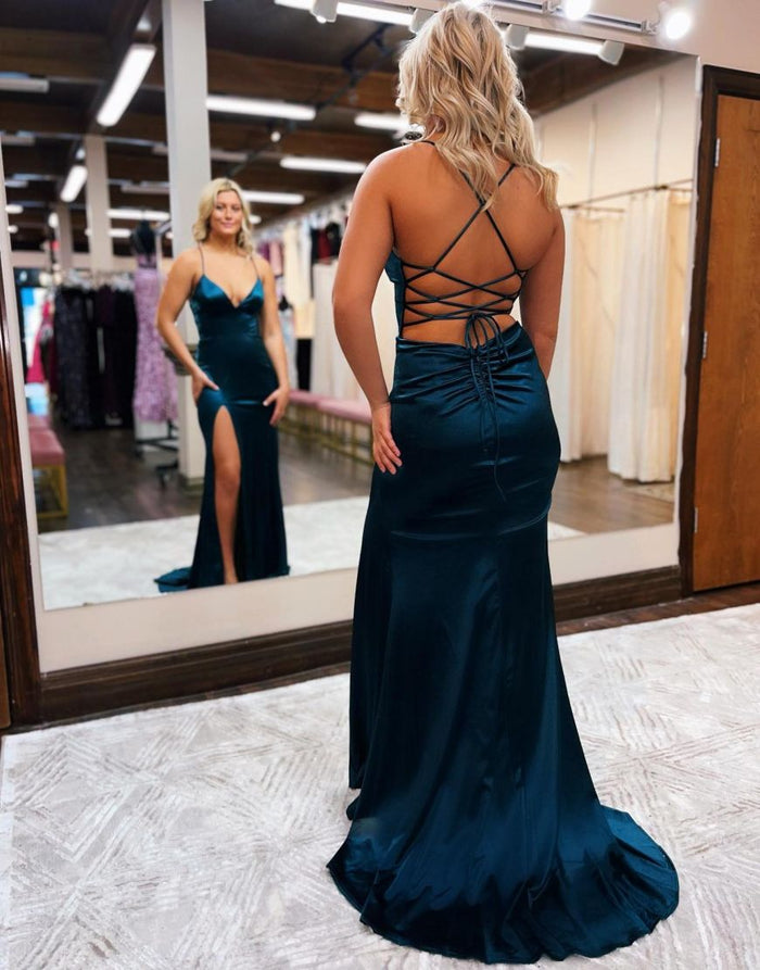Allie Blue Mermaid Spaghetti Straps Satin Prom Dress with Slit