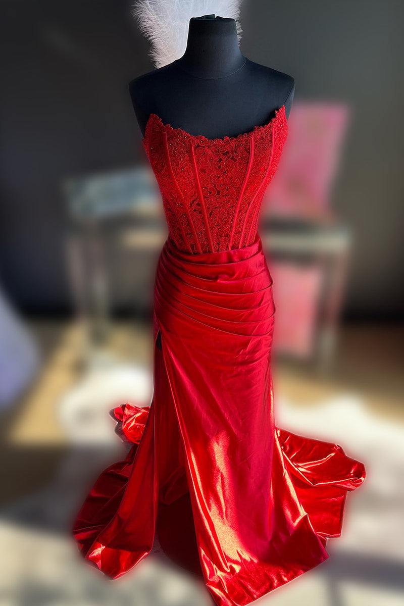 Arielle Red Sheath Strapless Corset Satin Prom Dress with Slit and ...
