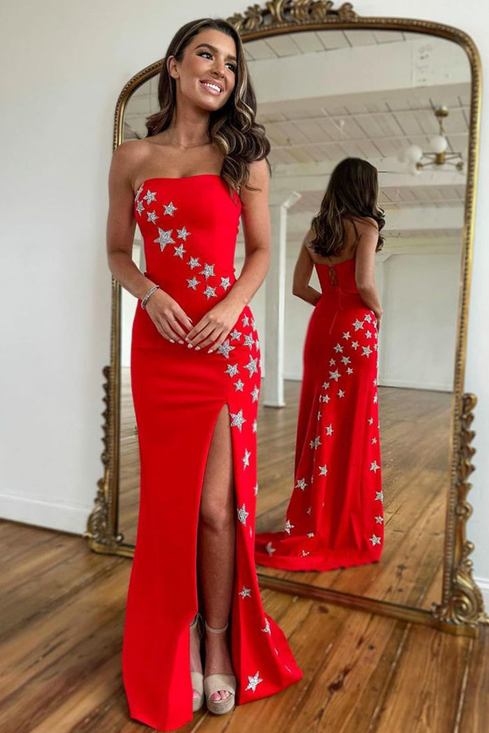 Charli Red Sheath Strapless Satin Prom Dress with Slit | KissProm