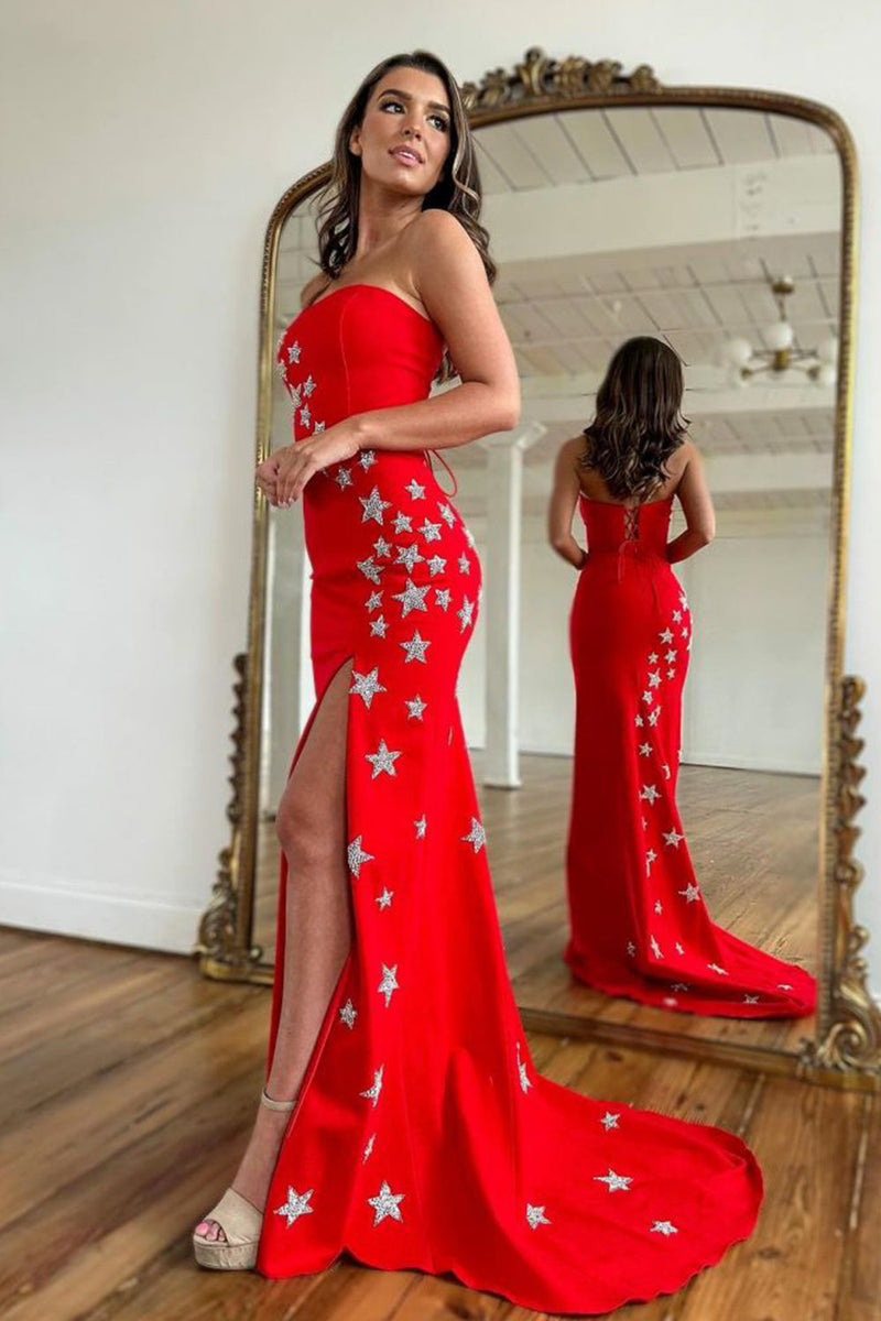 Charli Red Sheath Strapless Satin Prom Dress with Slit | KissProm