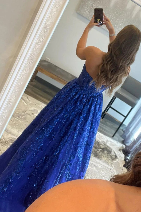 Zara A line Royal Blue Sequined Lace Long Prom Dress with Pockets