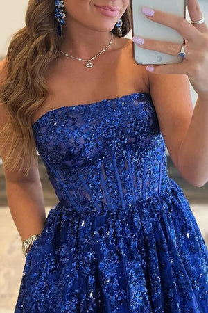 Zara A line Royal Blue Sequined Lace Long Prom Dress with Pockets