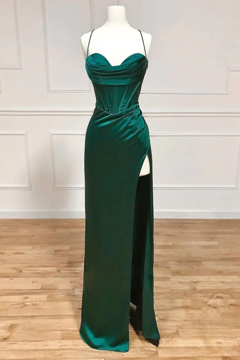 Lola Dark Green Sheath Spaghetti Straps Corset Satin Prom Dress with Split