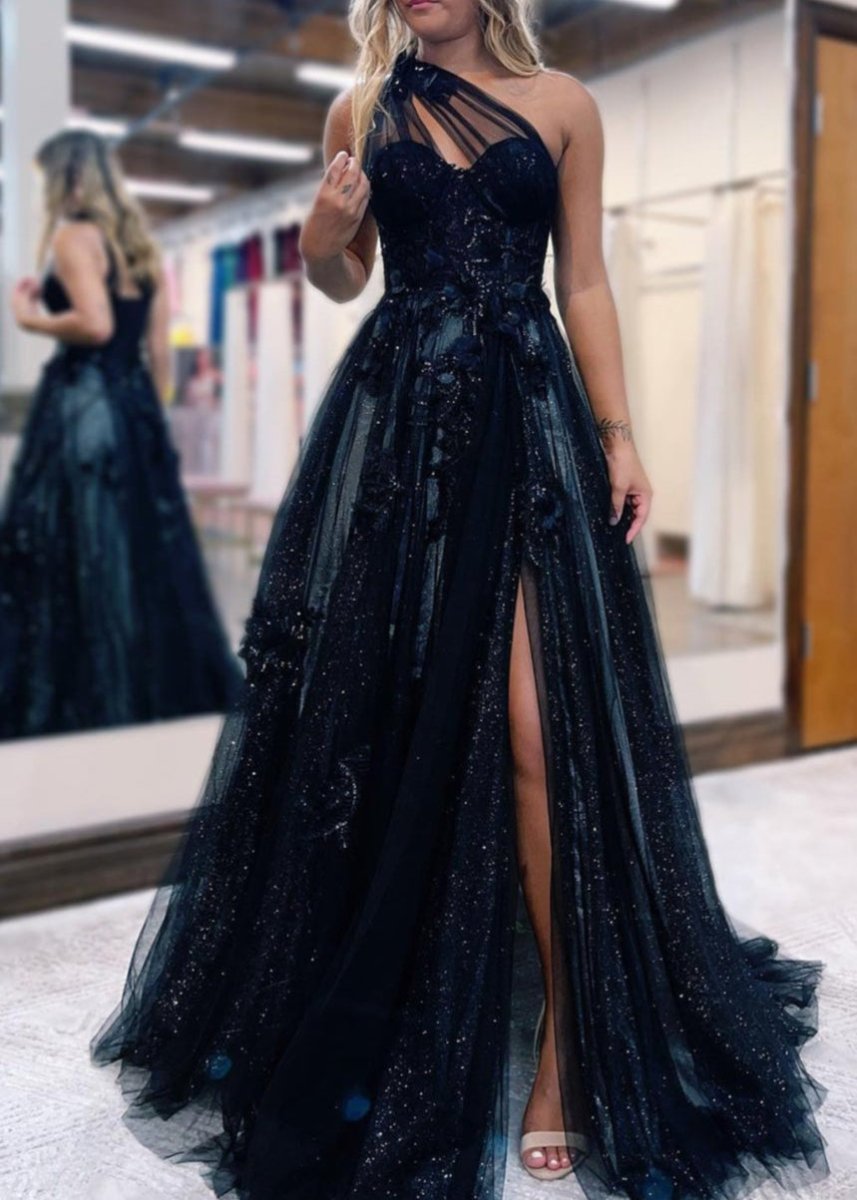 A Line One Shoulder Black Long Prom Dress with Appliques – KissProm