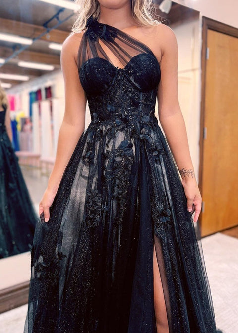 A Line One Shoulder Black Long Prom Dress with Appliques – KissProm